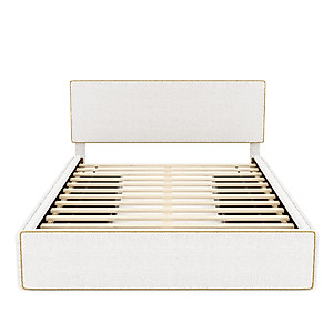 Queen Size Bed Frame with 4 Storage Drawers, Modern Upholstered Platform Bed with White Edge On The Headboard & Footboard, Wood Slat Support, No Box Spring Needed (White-Queen)
