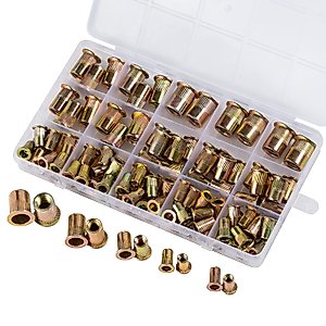 Jotyua Rivet Nut 110pcs #8-32#10-24 1/4"-20 5/16"-18 3/8"-16 Carbon Steel UNC Rivet Nuts Assortment Kit, Yellow Zinc Plated Finish, Flat Head Threaded Insert Nut Assort