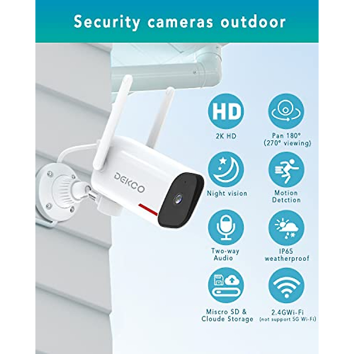 DEKCO Home Security Cameras 2K Pan Rotating 180° Wired Outdoor Security Cameras with Night Vision, Two-Way Audio, 2.4G WiFi, IP65, Motion Detection Alarm (4Pack)