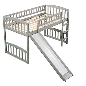 Harper & Bright Designs Kids Low Loft Bed with Slide, Twin Loft Beds for Kids, Wood Loft Bed Frame with Ladder for Boys and Girls, No Box Spring Needed, Gray