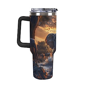 Elephants in Sunset Water Insulated Tumblers with Handle Stainless Steel Coffee Mug Funny Travel Cup with Lid Straw 40oz