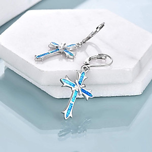 ONEFINITY Opal Cross Earrings Sterling Silver Cross Dangle Drop Earring Cross Leverback Earrings for Women