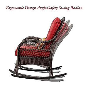 Sundale Outdoor Rocking Chair, Patio Wicker Rocker Chair with Olefin Cushions and Pillow, Rocking Lawn Chair Wicker Patio Furniture - Steel Frame, Brown, Red
