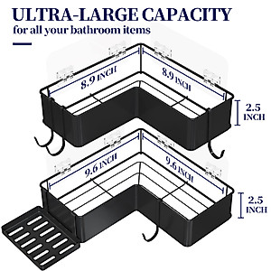 Kitsure Corner Shower Caddy - 2 Pack Rustproof Shower Organizer, Durable Shower Shelves with Large Capacity, Drill-Free Adhesive Shower Rack with 4 Movable Hooks, a Soap Holder