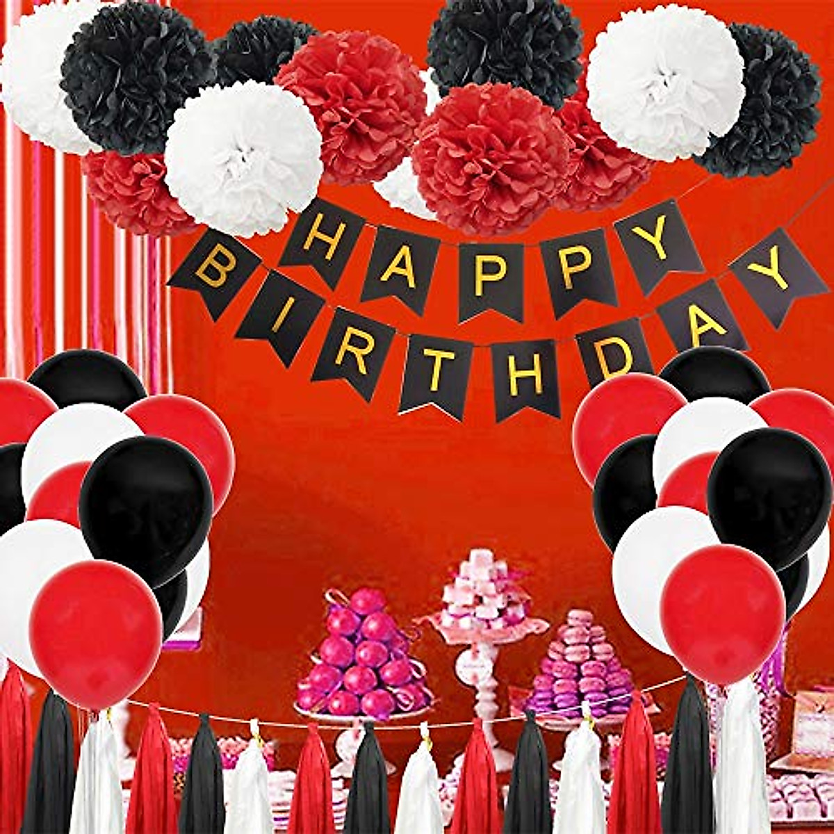 InBy 49pcs Red and Black Birthday Party Decoration Kit for Women Girl Happy Birthday Banner 10" Tissue Paper Flower Pom Pom Tassel Latex Balloon Garland Mickey Mouse Pirate Theme Birthday Party Supply