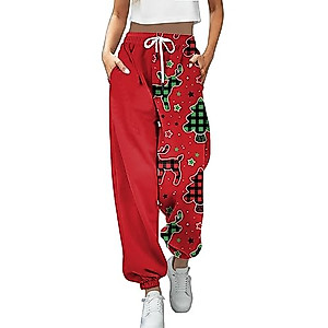 Flare Sweatpants,Womens Sweatpants with Pockets Christmas Print Elastic Waisted Joggers Pants Graphic Print Straight Leg Baggy Sweatpants Red Wine Glass Graphic Print Pink XL