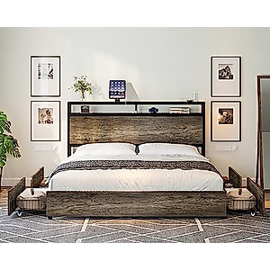 LUXOAK King Size Bed Frame with 4 Storage Drawers, Wooden Platform Bed with 2-Tier Storage Headboard and Charging Station, No Box Spring Needed/Noise Free/Rustic Grey