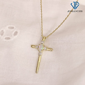 JEWELEXCESS Gold Cross Necklaces for Women – 14k Gold Cross Necklace for Women Over .925 Sterling Silver Cross – 4k Opal Necklace Centerpiece, White Diamond Accents – Hypoallergenic Cross Pendant