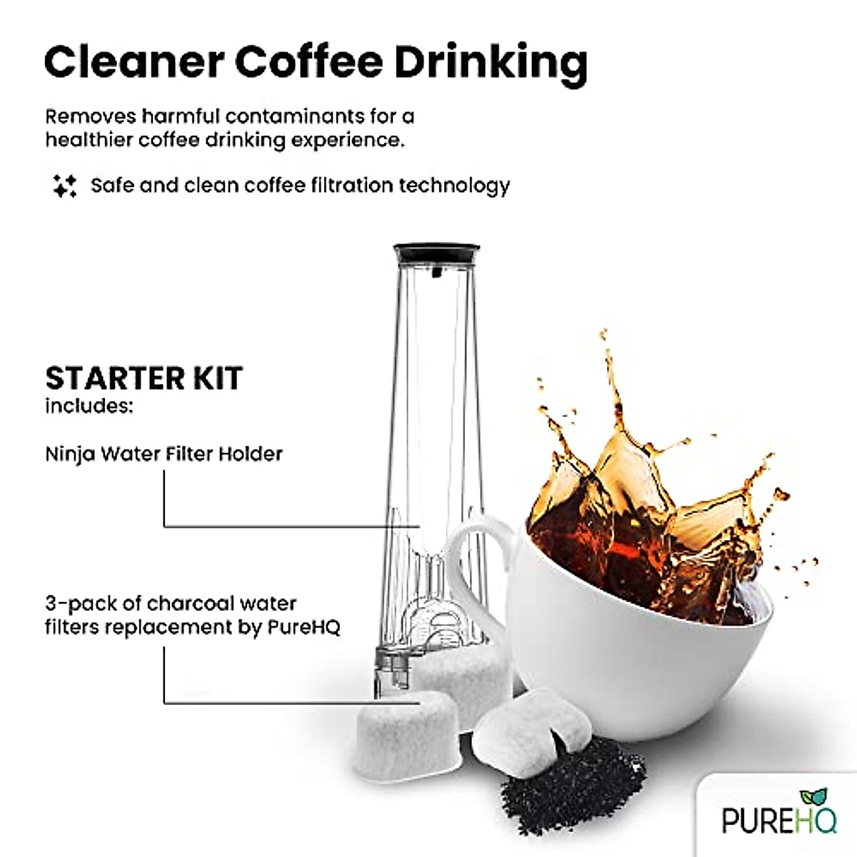 PUREHQ Ninja Water Filter for Ninja Dual Brew Coffee Maker - Compatible with DualBrew Pro CFP201 CFP301 CFP307 CFP451CO - Includes Filter Holder and 3 Pack of Charcoal Water Filters