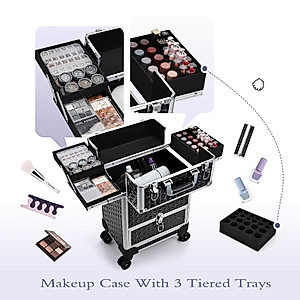 Costravio Rolling Makeup Train Case, Large Storage Professional Cosmetic Trolley Makeup Travel Case with Drawer Key Swivel Wheels Beauty Barber Tattoo Case Trunk for Makeup Nail Tech, Black