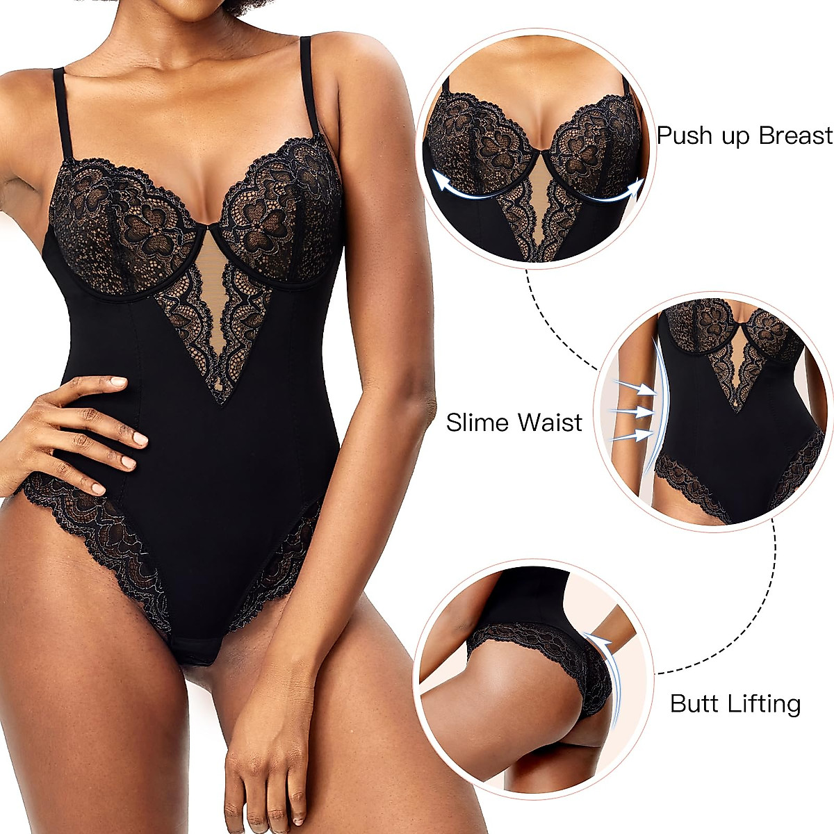 Slimers Women Lace Bodysuit Shapewear for Women Tummy Control Sexy Backless V Neck Thong Bodysuit Built in Bra