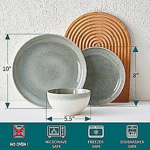 Pokini Gradient Green Stoneware Dinnerware Set, 12pcs Reactive Glaze Plates and Bowls Sets, Handmade Round Dishes Set for 4,Highly Chip and Crack Resistant Modern Plate Set