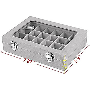 CBCYBER Jewelry Box 24 Grid Velvet Jewelry Tray for Drawers Glass Clear Lid Showcase Display Storage Ring Trays Holder Earrings Organizer Case(Grey)