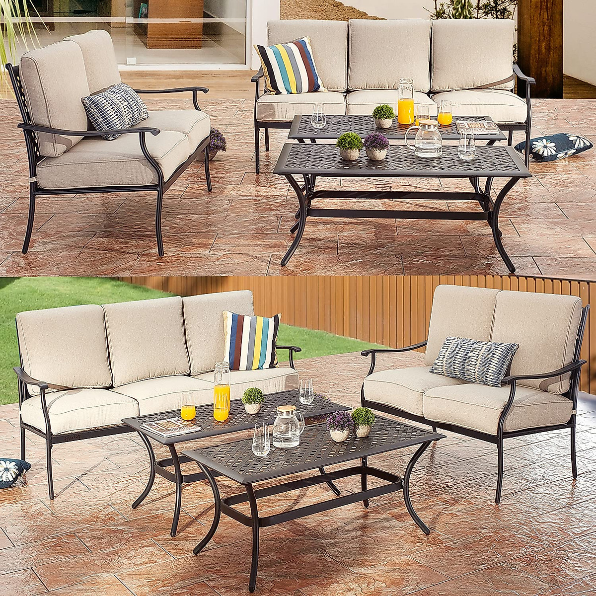 PatioFestival Patio Conversation Set 6 Pieces Metal Outdoor Furniture Seating Sets with Beige Thick Cushions, Rocking Chairs & Coffee Table & Loveseat