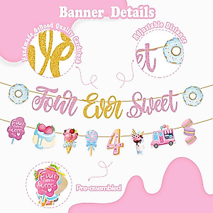JUYRLE Four Ever Sweet Birthday Decorations Girl, 4th Birthday Decorations Include Ice Cream Donut Banner Cake Toppers Hanging Swirls Latex Foil Balloons, 4 Year Old Birthday Decorations