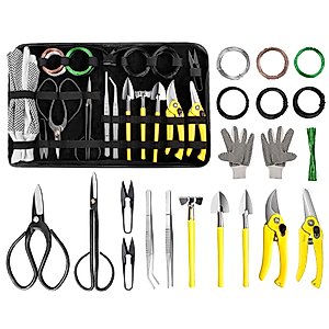 MOSFiATA Bonsai Tools Set 19 Pcs, High Carbon Steel Scissor Cutter Shears Set, Gardening Trimming Tools Set with Pruning Shears, Gardening gloves, Training Wire, Garden Plant Tools with PU Leather Bag