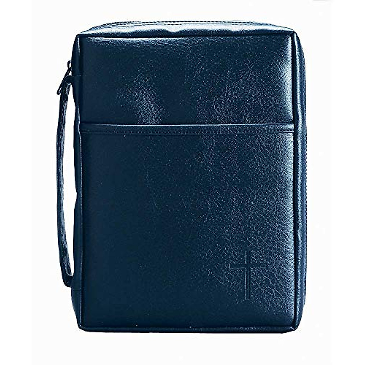 Blue Embossed Cross with Front Pocket Leather Look Bible Cover with Handle, Large