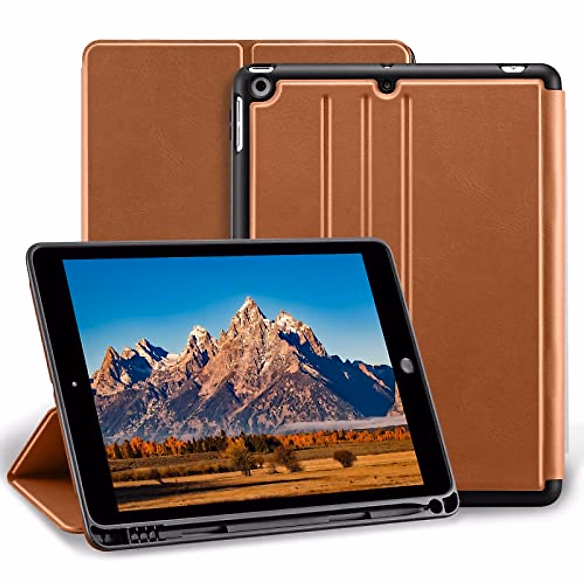 Case for iPad 9th / 8th / 7th Gen Case (2021/2020/2019) 10.2 Inch - Premium Leather Business Edition with Built-in Apple Pencil Holder - Auto Wake/Sleep - Orange