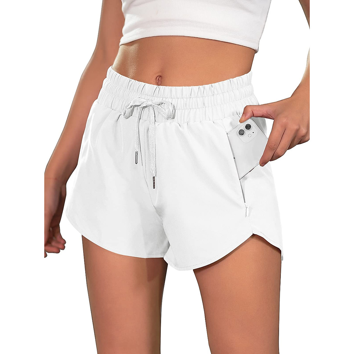 BMJL Women's Running Shorts High Waisted Athletic Shorts Summer Gym Workout Short with Zipper Pockets(S,White)