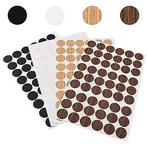 JianLing 4 Sheets Self-Adhesive Screw Hole Stickers, Screw Holes Cover Caps Stickers, Screws Covers Caps for Cabinet Wardrobe (White, Black, Walnut, Black Walnut Embossed, 54 Stickers/Sheet)