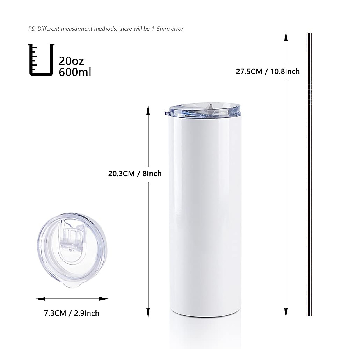 Sublifun Sublimation Tumbler Blanks,20oz White Straight Skinny Tumbler Bulk,4 Pack Stainless Steel Double Walled Tumbler with Lid and Metal Straw,High-quality coating for Tumbler Press Machine Print