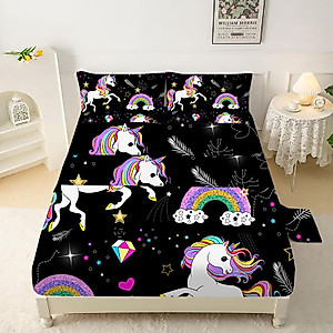 VTKON Black Unicorn Sheets Set Rainbow Unicorn Sheets Set Twin Unicorn Room Decor for Girls Twin Unicorn Bedding Set Includes 1 Flat Sheet + 1 Fitted Sheet + 1 Pillowcase