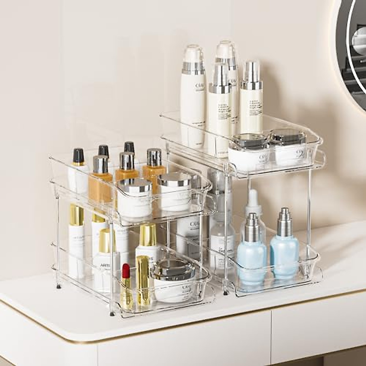 Delamu 2 Sets of 2-Tier Clear Under Sink Organizers and Storage, Multi-Purpose Stackable Bathroom Cabinet organizers, Pull Out Kitchen Pantry Organization and Storage with Dividers