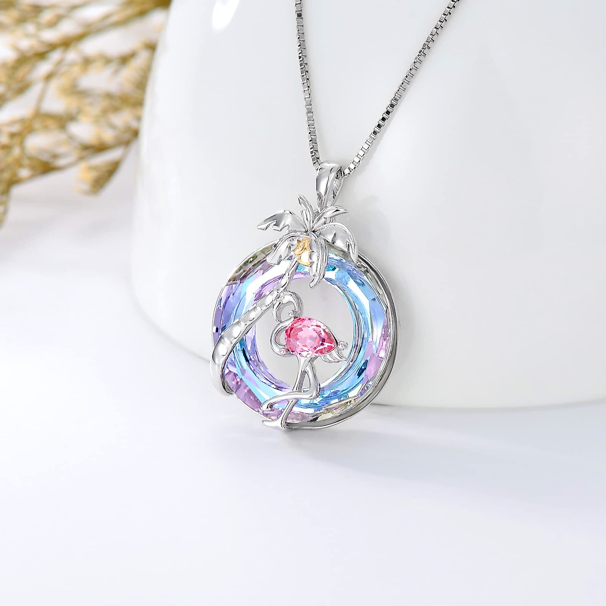 TOUPOP Flamingo Gifts for Women 925 Sterling Silver Flamingo Pendant Necklace with Purple Circle Crystal Flamingo Lovers Jewelry Gifts for Women Birthday Christmas