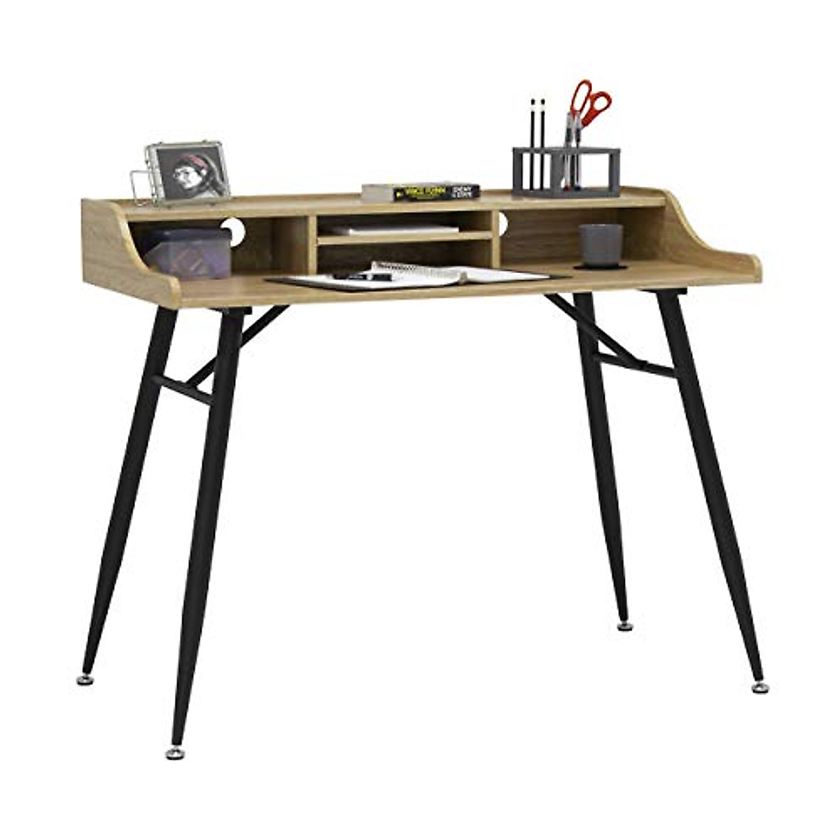 Calico Designs 51260 Woodford 45” Wide Modern, Secretary, Writing, Desk with Low Storage Hutch and Black Metal Tapered Legs in Ashwood, Black / Ashwood