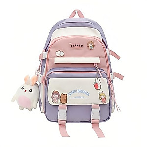 Kawaii Girls Backpack with Pins and Accessories Cute Kids Aesthetic Backpack Teen Bookbags Casual School Bag with Plush Pendant Purple
