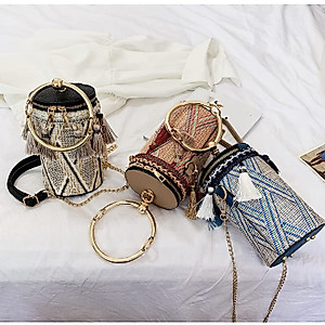 Anopo Womens Straw Shoulder Bag Embroidered Tassel Ethnic Travel Crossbody BOHO Purse Summer Beach Bohemian Handbag Tote for Girls Bucket Blue