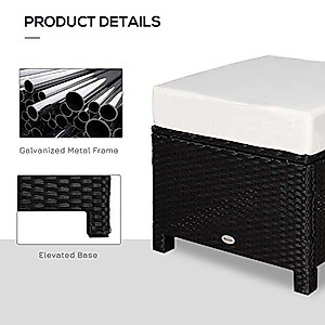 Outsunny 20" Outdoor Ottoman, PE Plastic Rattan Wicker, Fade-Resistant Patio Footrest with Soft Cushion, Steel Frame, Black