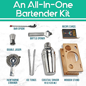 Mixology Bartender Kit with Stand | Silver Bar Set Cocktail Shaker Set for Drink Mixing - Bar Tools: Martini Shaker, Jigger, Strainer, Bar Mixer Spoon, Tongs, Opener | New Bartender Gift Idea