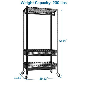VIPEK X2 Rolling Garment Rack Adjustable Wire Clothing Rack Portable Closet Rack with Hanging Rod Metal Basket Heavy Duty Clothes Drying Rack Laundry Sorter Cart Bathroom Storage Shelves, Black