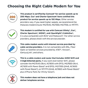 Motorola MG7315 Modem WiFi Router Combo | DOCSIS 3.0 Cable Modem + N450 Single Band Wi-Fi Gigabit Router | 343 Mbps Max Speeds | Approved by Cox and Spectrum