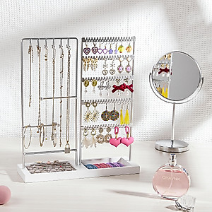 Vtopmart Jewelry Holder Organizer Stand Tree for Earring Necklace Ring Bracelets Display and Storage, with 90 Holes, 12 Hooks, Silver+White