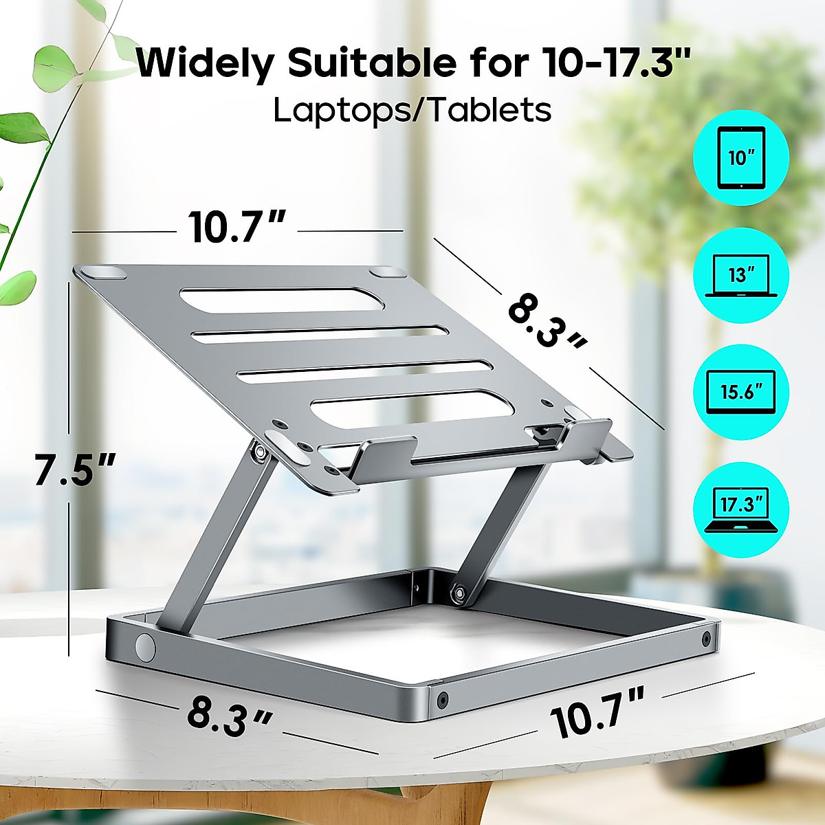 ROADOM Laptop Stand for Desk, Adjustable Ergonomic Laptop Riser, Foldable Portable Computer Stand for Laptop Tablet Portable Monitor (10-17.3''),Aluminum Alloy, Silver