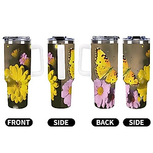 LLUTSNTH 40 Oz Vacuum Tumbler with White Handle Leakproof Insulated Tumbler Yellow Butterfly And Flower Stainless Steel Travel Mug with Lid And Straw Coffee Cup Cute Water Bottles Cup Holder Friendly