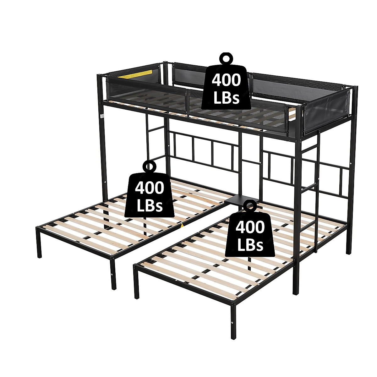 Oudiec Triple Bunk Bed Twin Over Twin, Metal Bedframe with Safety Guardrail & Ladder, Can Be Separated into 3 Twin Beds, No Box Spring Needed, Easy to Assemble for Dorm, Bedroom, Guest Room, Black