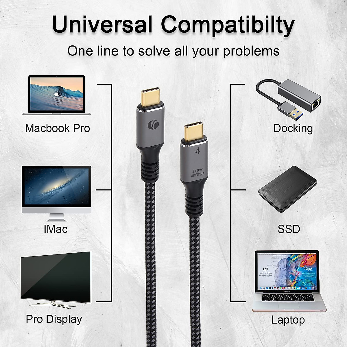 VCOM [6.6Ft] USB4 Cable 240W Compatible with Thunderbolt 3 Devices, USB4 Cable with 4K@60Hz Video USB-C for Thunderbolt 3, Dell, iPad Air 4, iPad Pro 2020, Pixel, Hub, Docking, and More