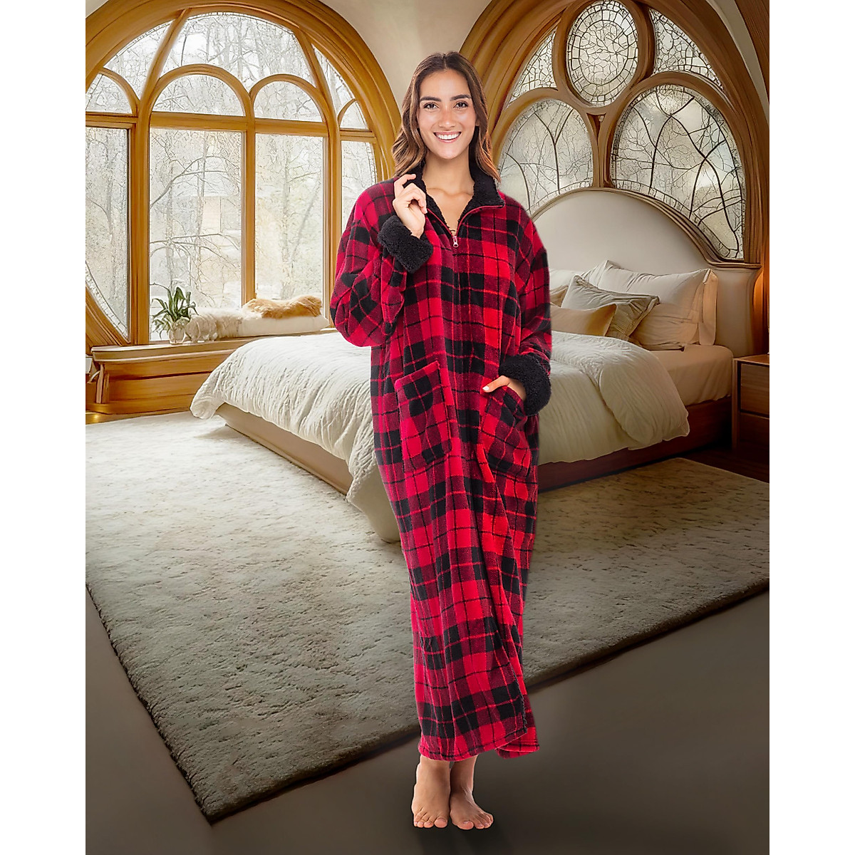 Alexander Del Rossa Long Zip Up Robes for Women, Plush Zipper Robes for Women Plus Size, Housecoats for Women Zipper Front Red Black Plaid with Black XL (A0258Q4BXL)