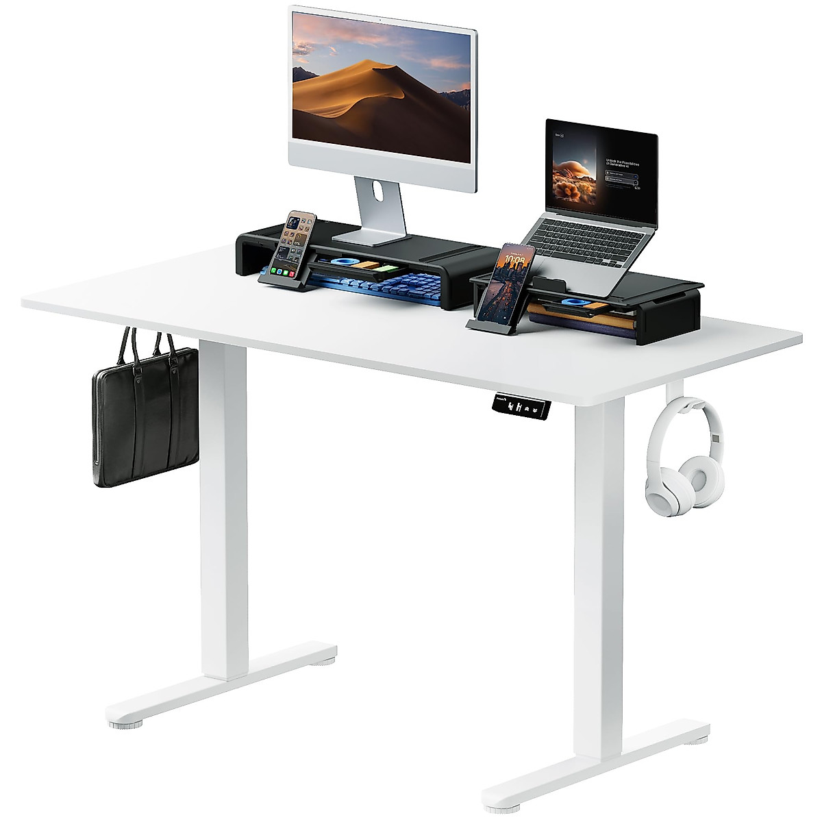 ProtoArc Standing Desk with Dual Monitor Stand Riser, 48 x 24 Inches Height Adjustable Desk with Storage, Electric Stand up Desk with Laptop Stand (Black/White)