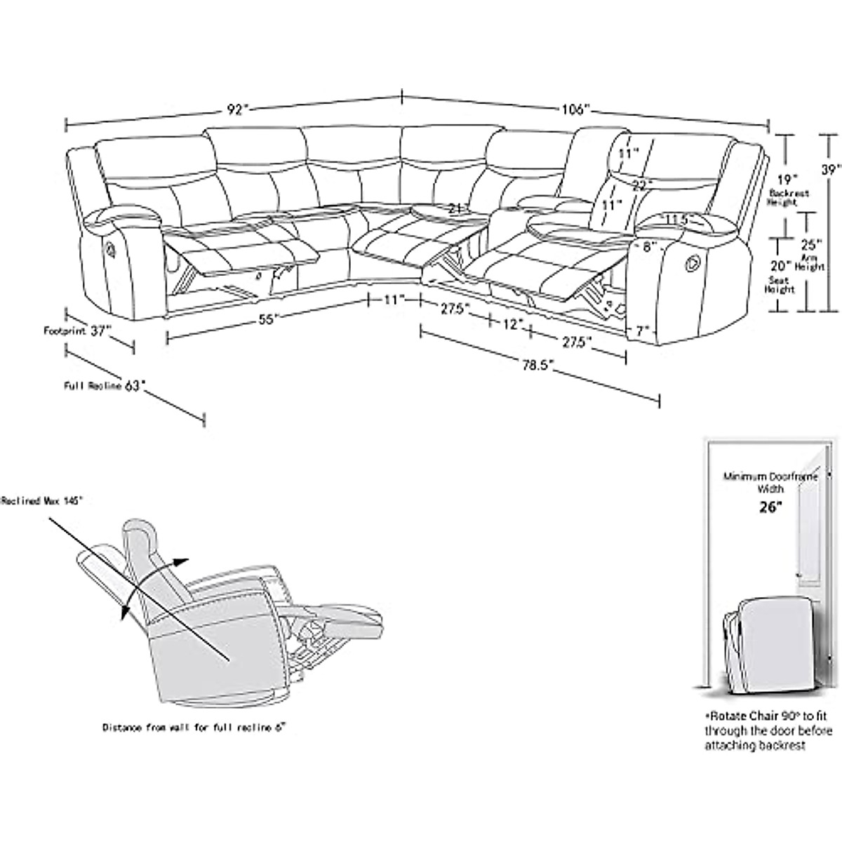 Blackjack Furniture Marsden Modern Leather Air Reclining Living Room Sectional, Brown