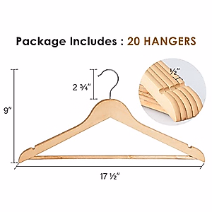 StorageWorks Wooden Coat Hanger, 20 Pack Heavy Duty Clothes Hangers, Natural Wood Color, Natural Wood Hangers for Shirts, Jackets, Pants, Suits