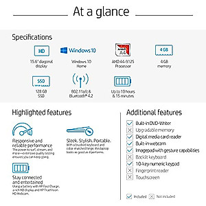 HP 15-inch Laptop, AMD A4-9125 Processor, 4 GB RAM, 128 GB Solid-State Drive, Windows 10 Home with DVD Drive (15-db0050nr, Chalkboard Gray)
