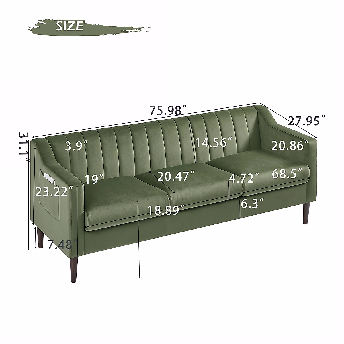 RIDFY Modern Velvet Chesterfield Sofa Couch, Large 3 Seats Love Seats Sofa Furniture, 76" Comfortable Upholstered Cofa with Wooden Frame and Wood Legs for Living Room/Bedroom/Office (Green)