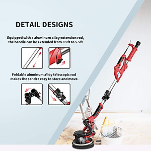 YATTICH Drywall Sander, 750W Electric Sander with 12 Pcs Sanding discs, 7 Variable Speed 800-1750 RPM Wall Sander with Extendable Handle, LED Light, Long Dust Hose, Storage Bag, YT-916