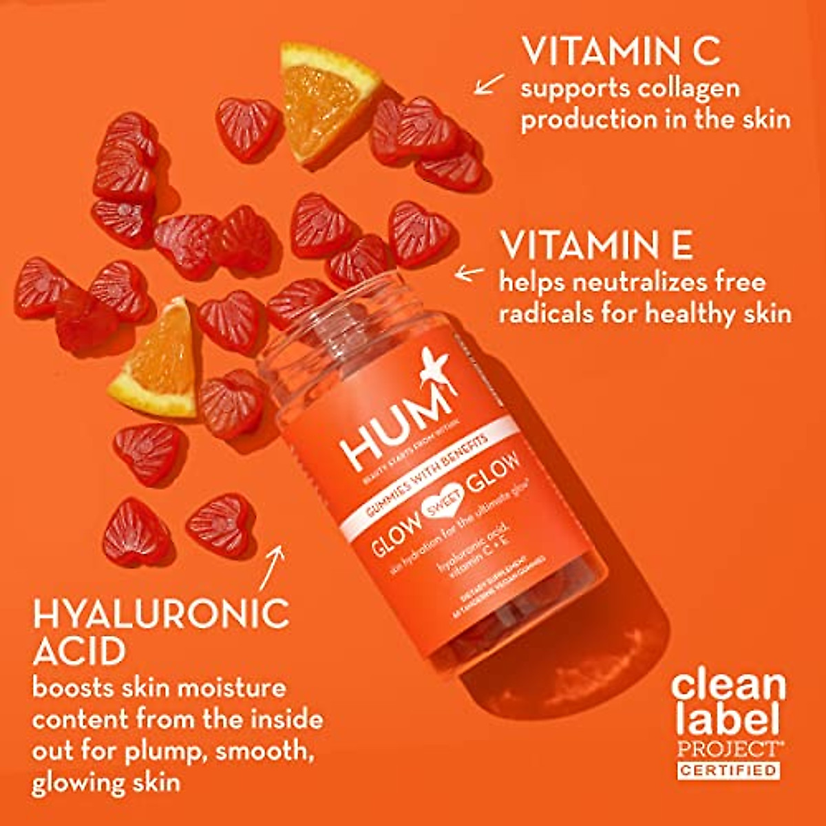 HUM Glow Sweet Glow Skin Supplement & Beauty Gummies - Hyaluronic Acid, Vitamin C + Vitamin E Gummies for Hydrated Skin - Collagen Gummies for Smooth Lasting Plump & Glowing Skin (60 Vegan Gummies)
