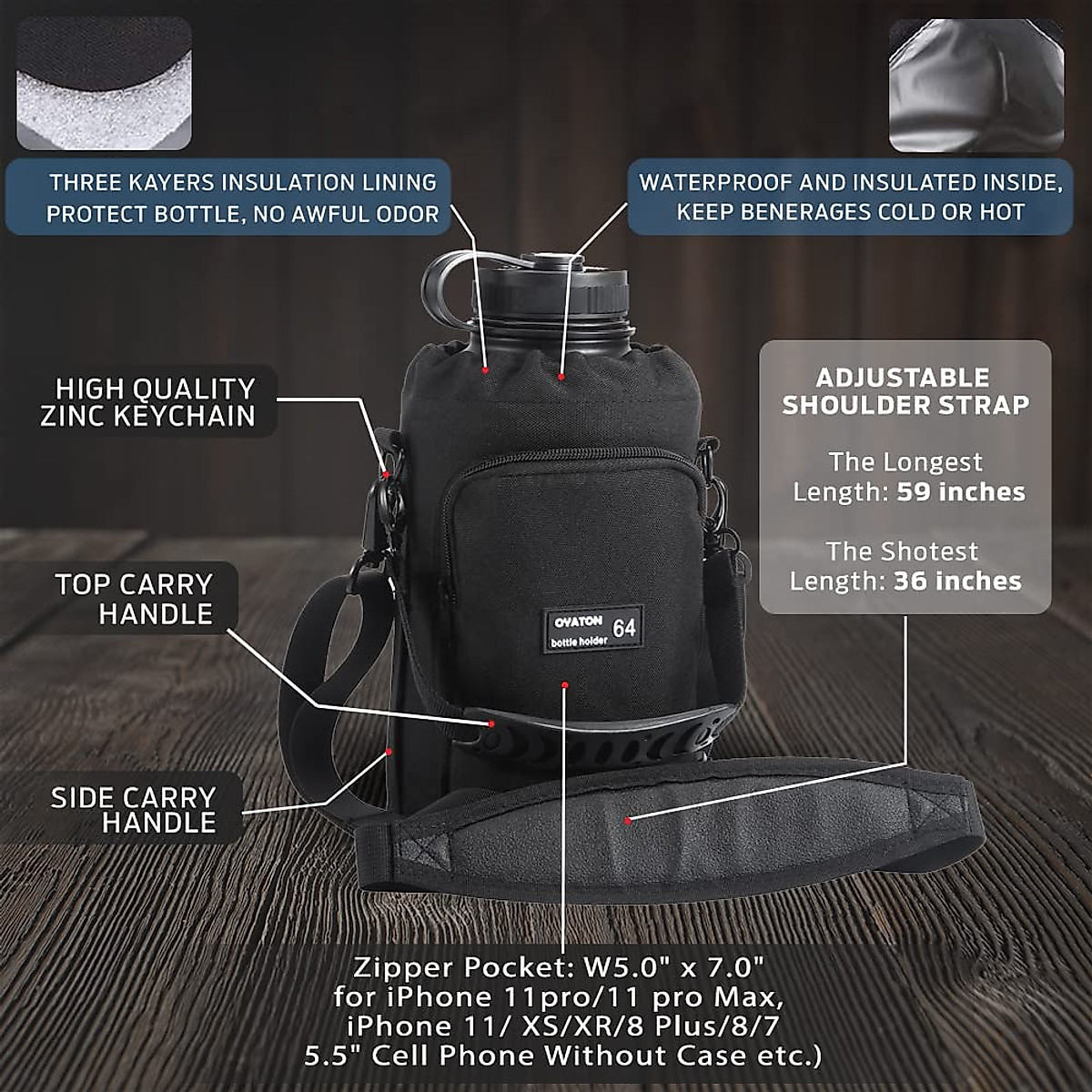 OYATON Water Bottle Holder With Strap for 64oz Bottles, Water Bottle Carrier Bag With Pocket and Handle for Walking Travel and Hiking(Exclude Bottle)