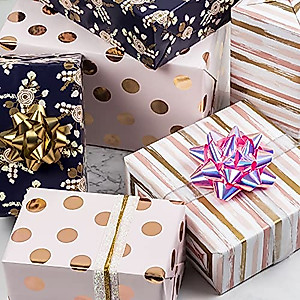 MAYPLUSS Wrapping Paper Roll - Mini Roll - 17 inch X 120 inch Per roll - Pink Polkas Dots, Stripe & Black Floral Design (42.3 sq.ft.ttl)